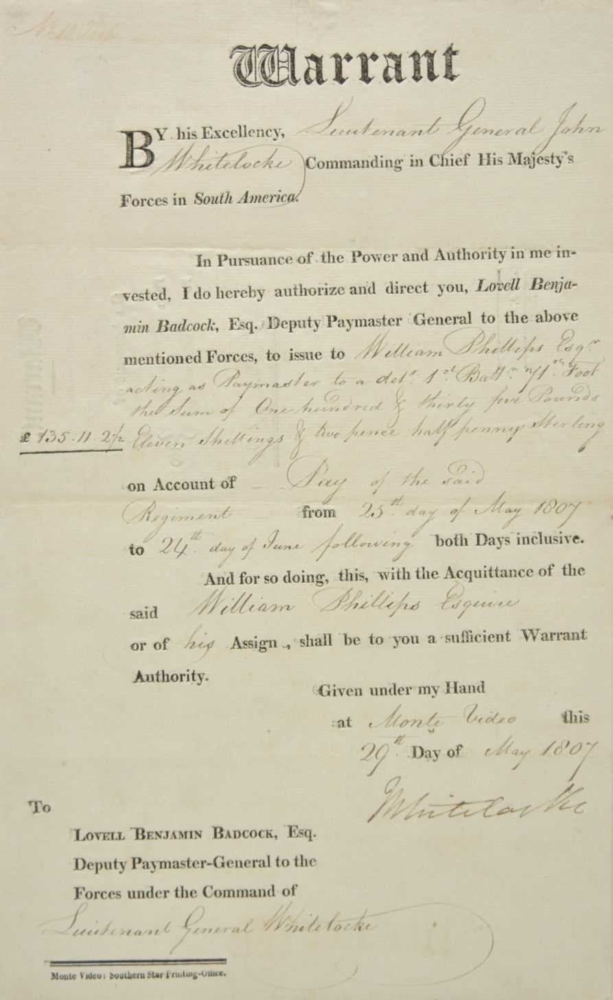 Lot 383 - Whitelocke (Lieutenant-General John,