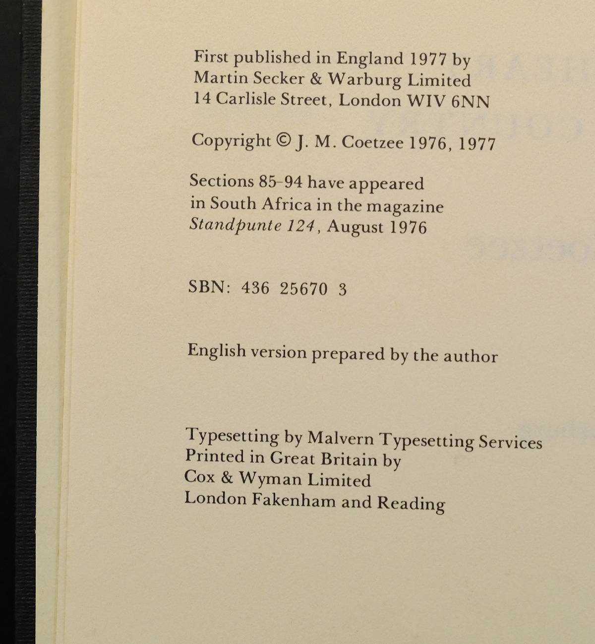 Lot 572 - Coetzee (J.M.).