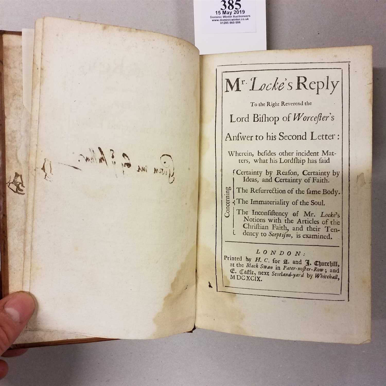 Lot 385 - Locke (John). Mr. Locke's Reply, 1699,