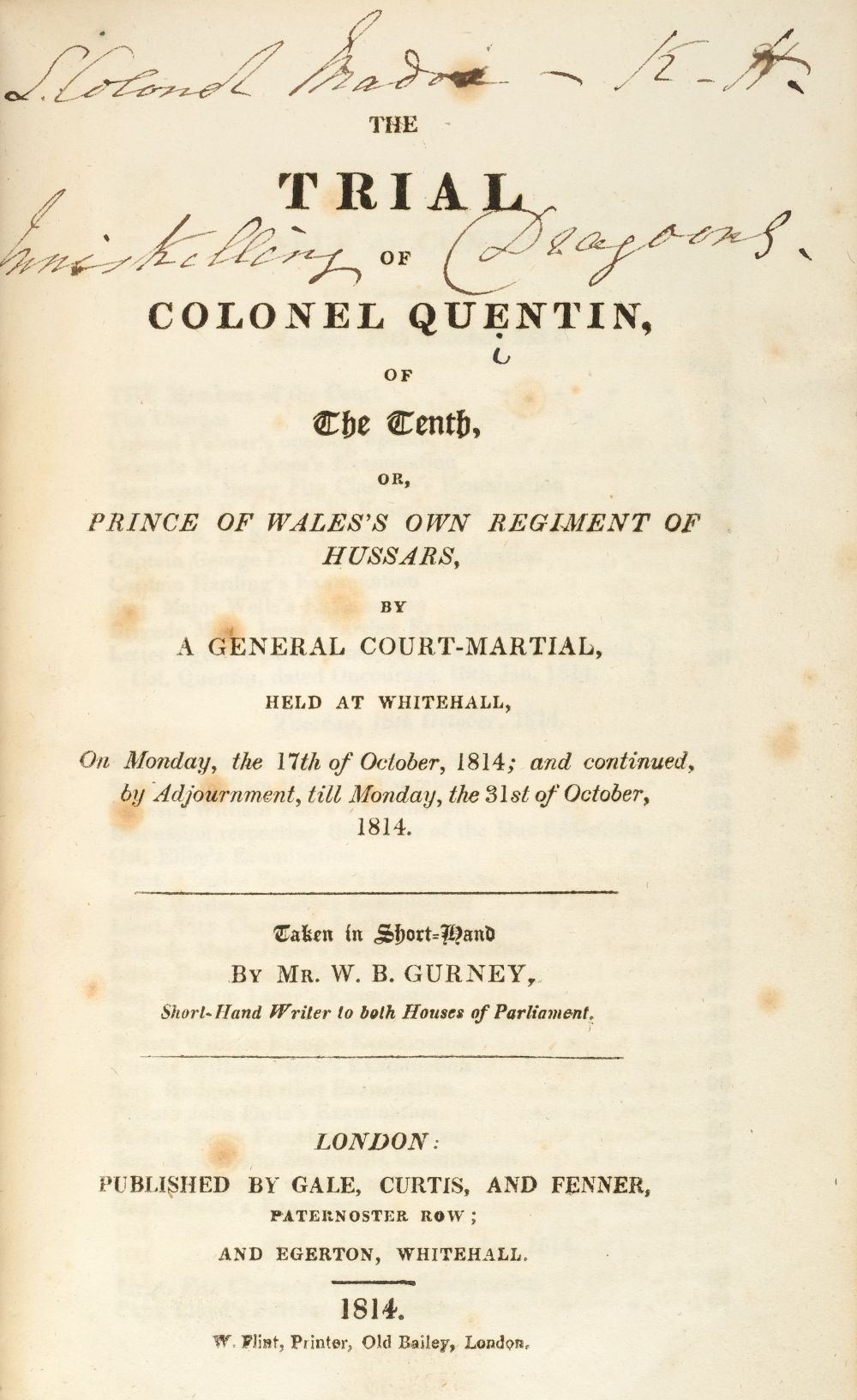 Lot 9 - Gurney (W. B.). The Trial of Colonel Quentin,