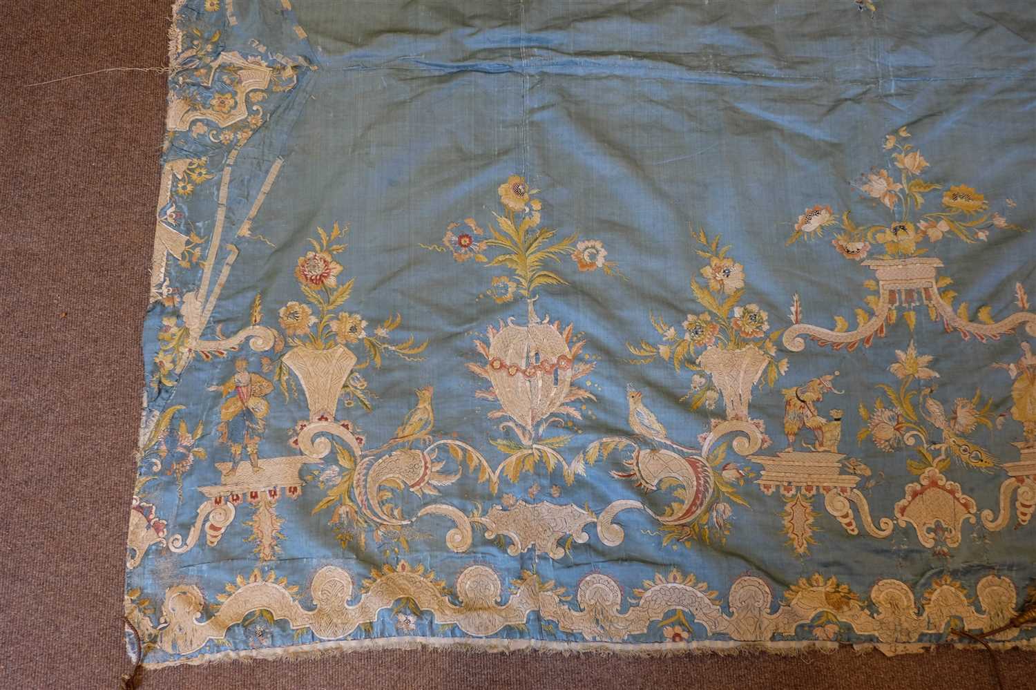 Lot 156 - Embroidery. A large silk rococo bed cover,