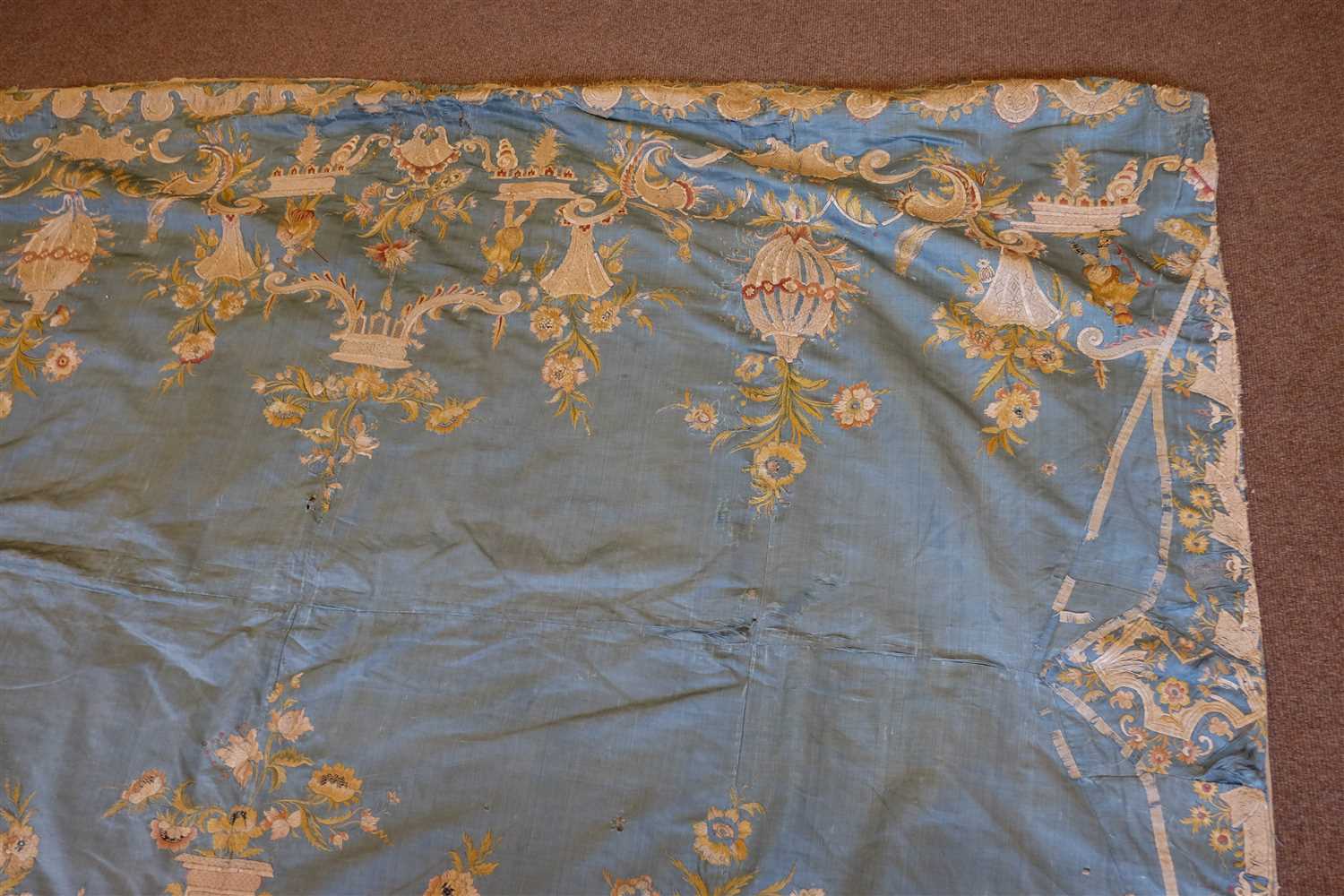 Lot 156 - Embroidery. A large silk rococo bed cover,
