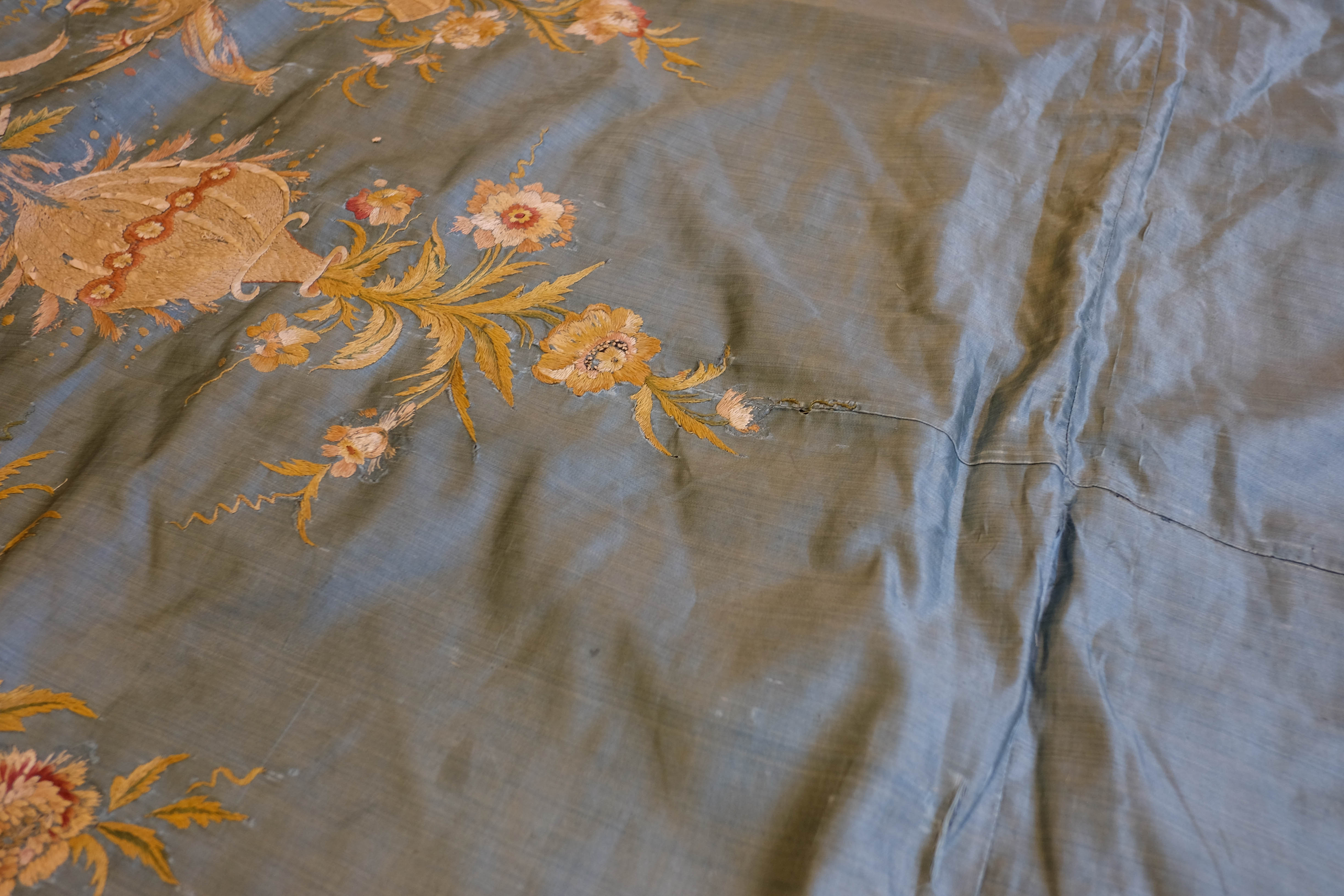 Lot 156 - Embroidery. A large silk rococo bed cover,