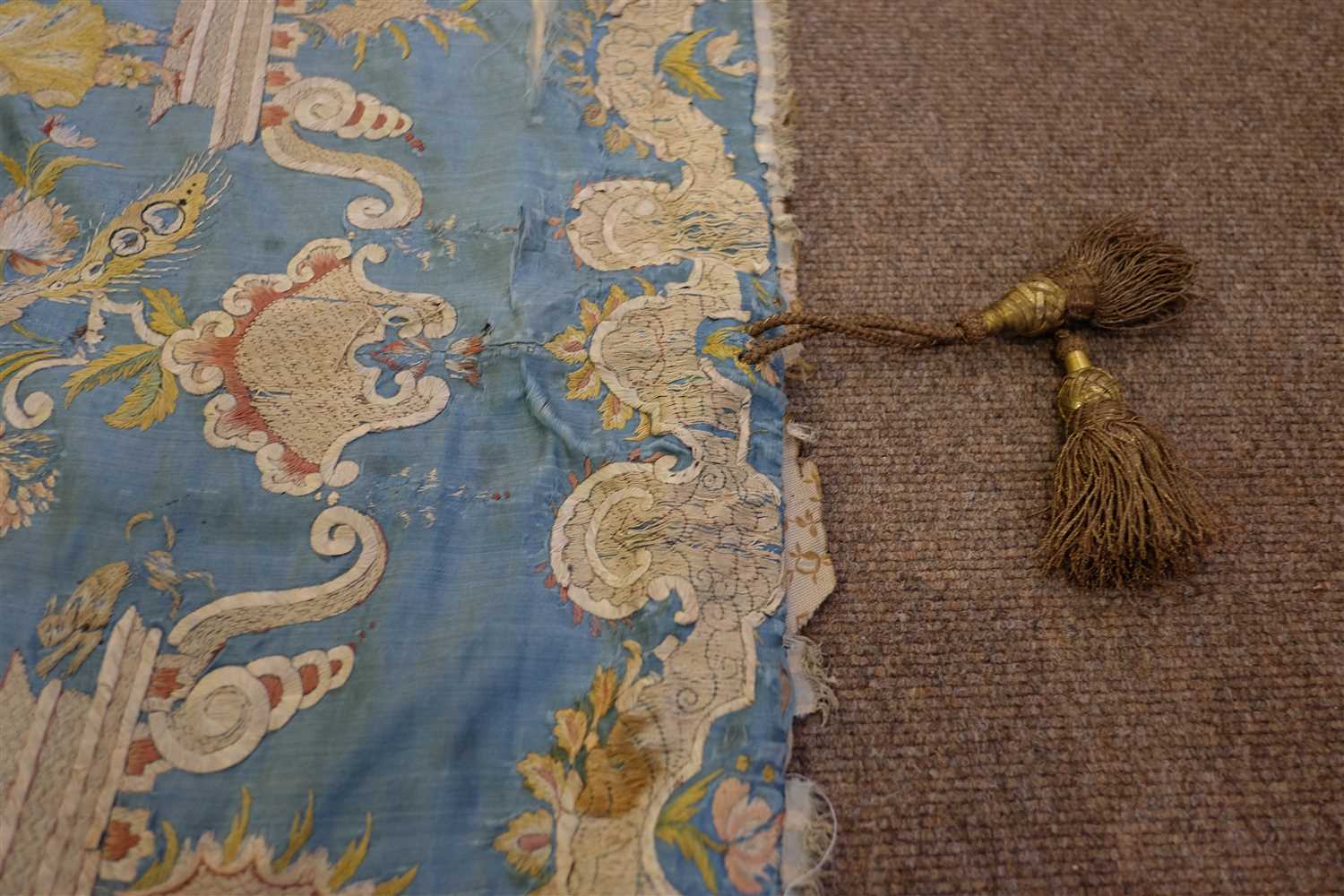 Lot 156 - Embroidery. A large silk rococo bed cover,
