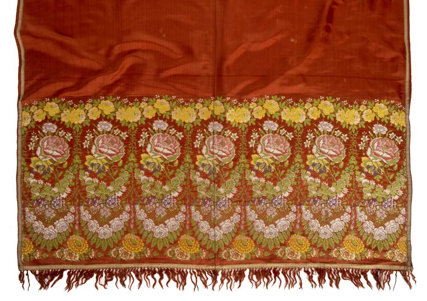 Lot 158 - Spitalfields. A terracotta silk shawl circa