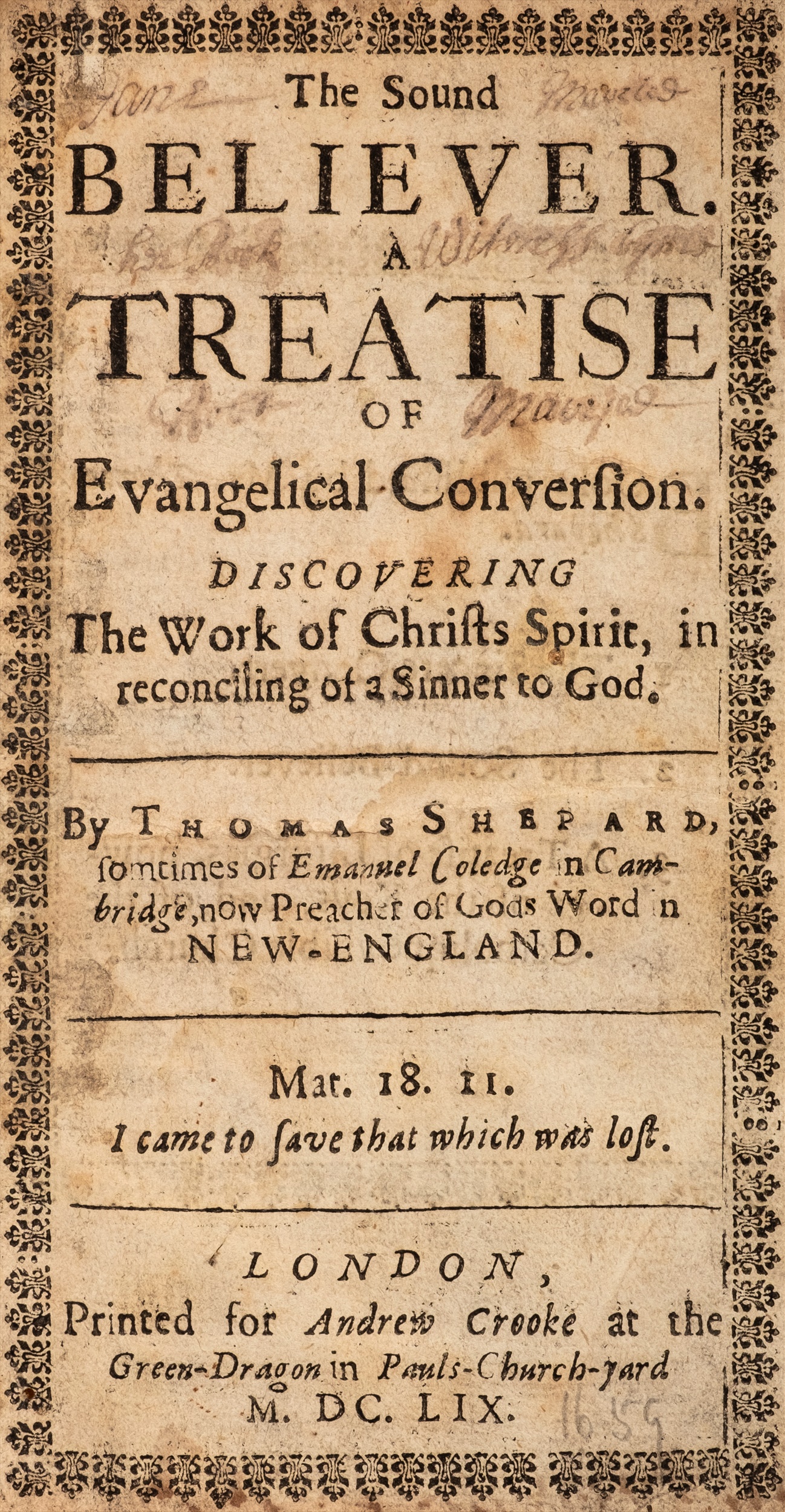 Lot 122 - Shepard (Thomas). The Sound Believer, 1659