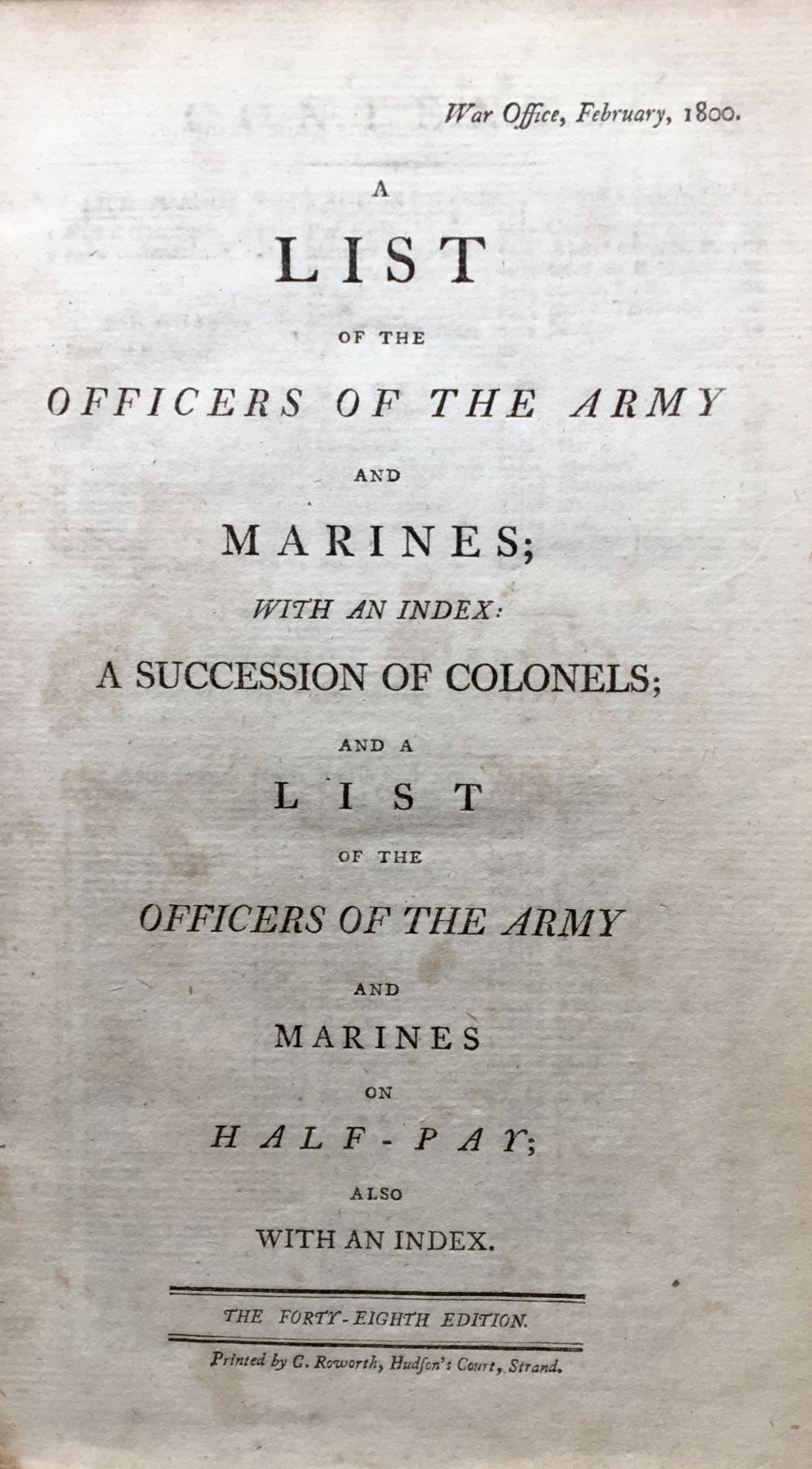 Lot 768 - Army Lists. A List of the Officers of the