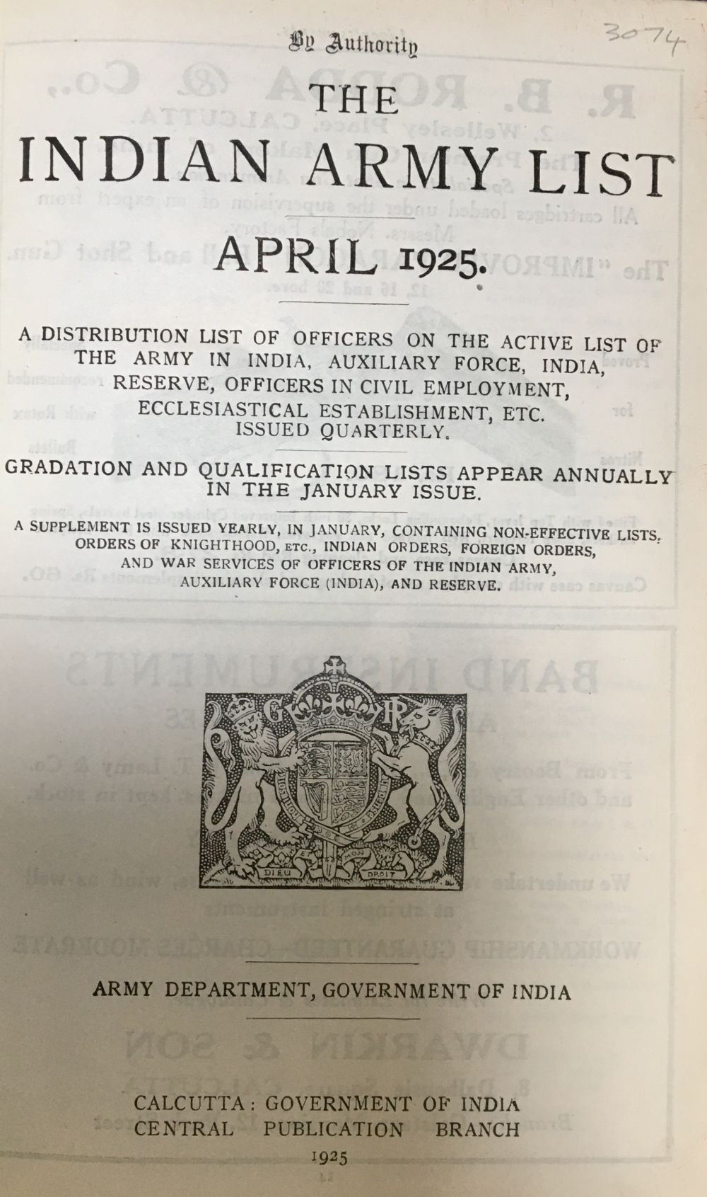Lot 787 - Indian Army Lists. The Indian Army List,