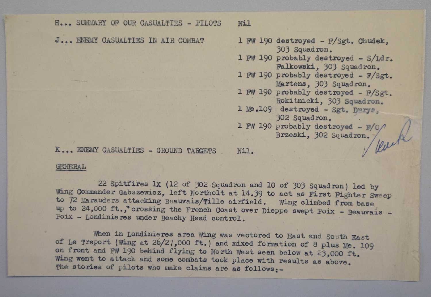 Lot 29 - Battle of Britain. A Combat Report dated 15