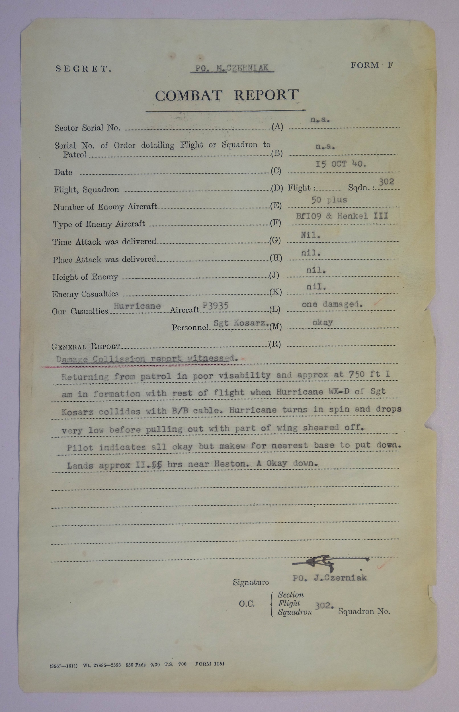 Lot 29 - Battle of Britain. A Combat Report dated 15