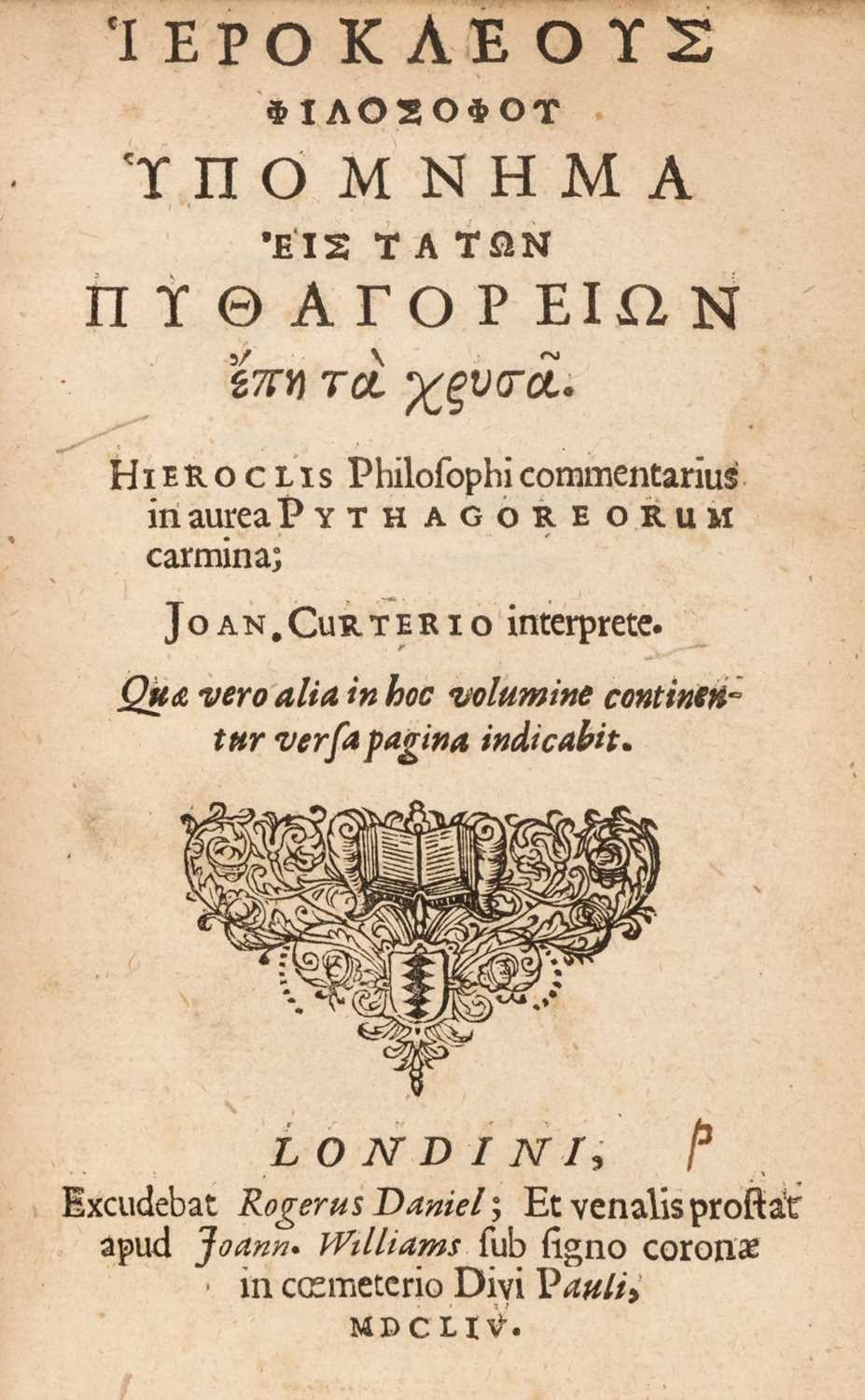 Lot 210 - Hierocles. Commentari in Aurea Pythagoreorum