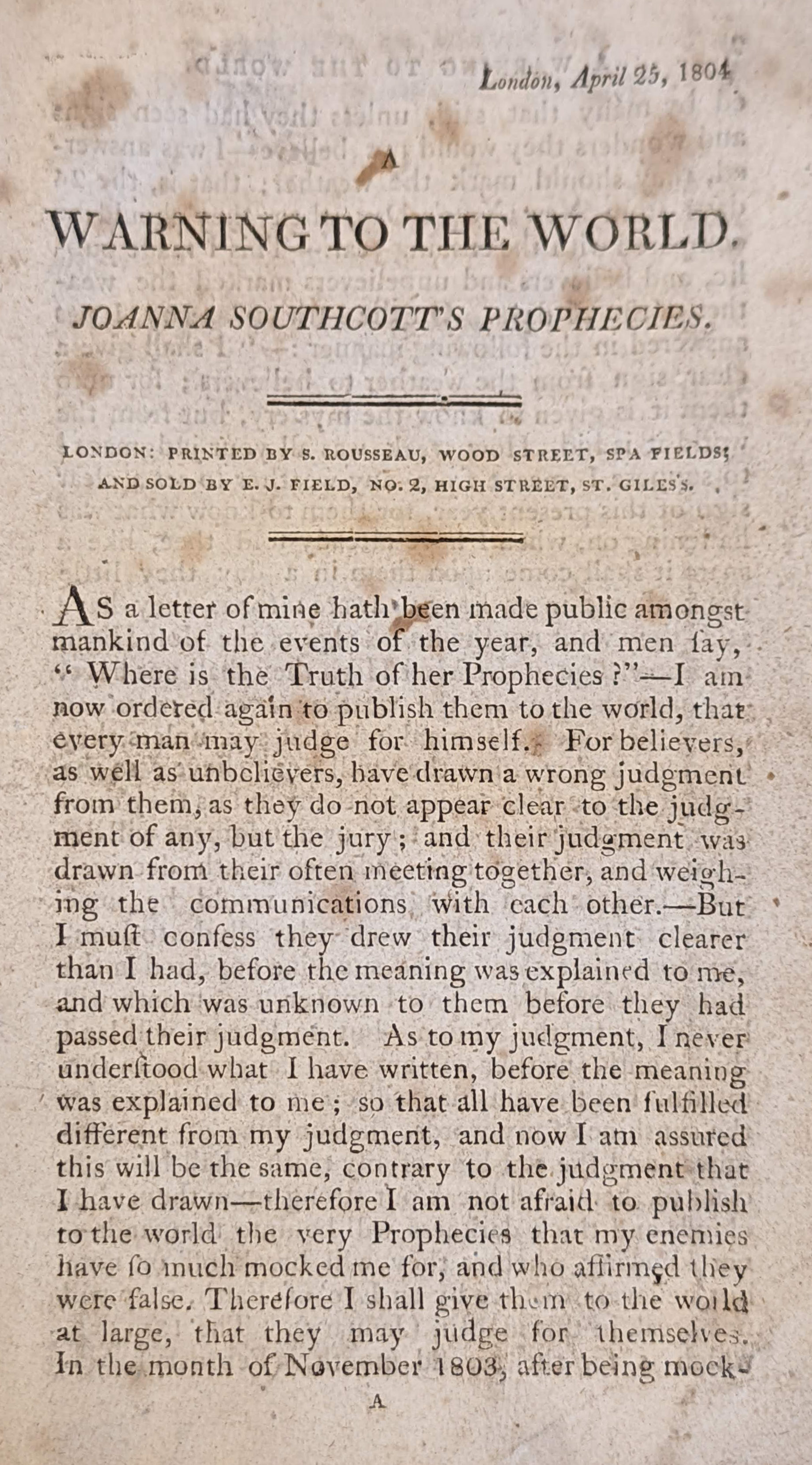 Lot 265 - Southcott (Joanna). A warning to the world.