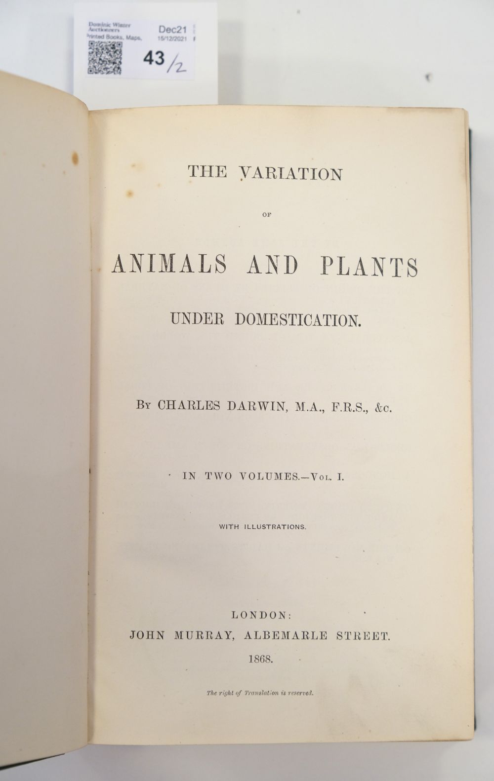 Lot 43 - Darwin (Charles). The Variation of Animals