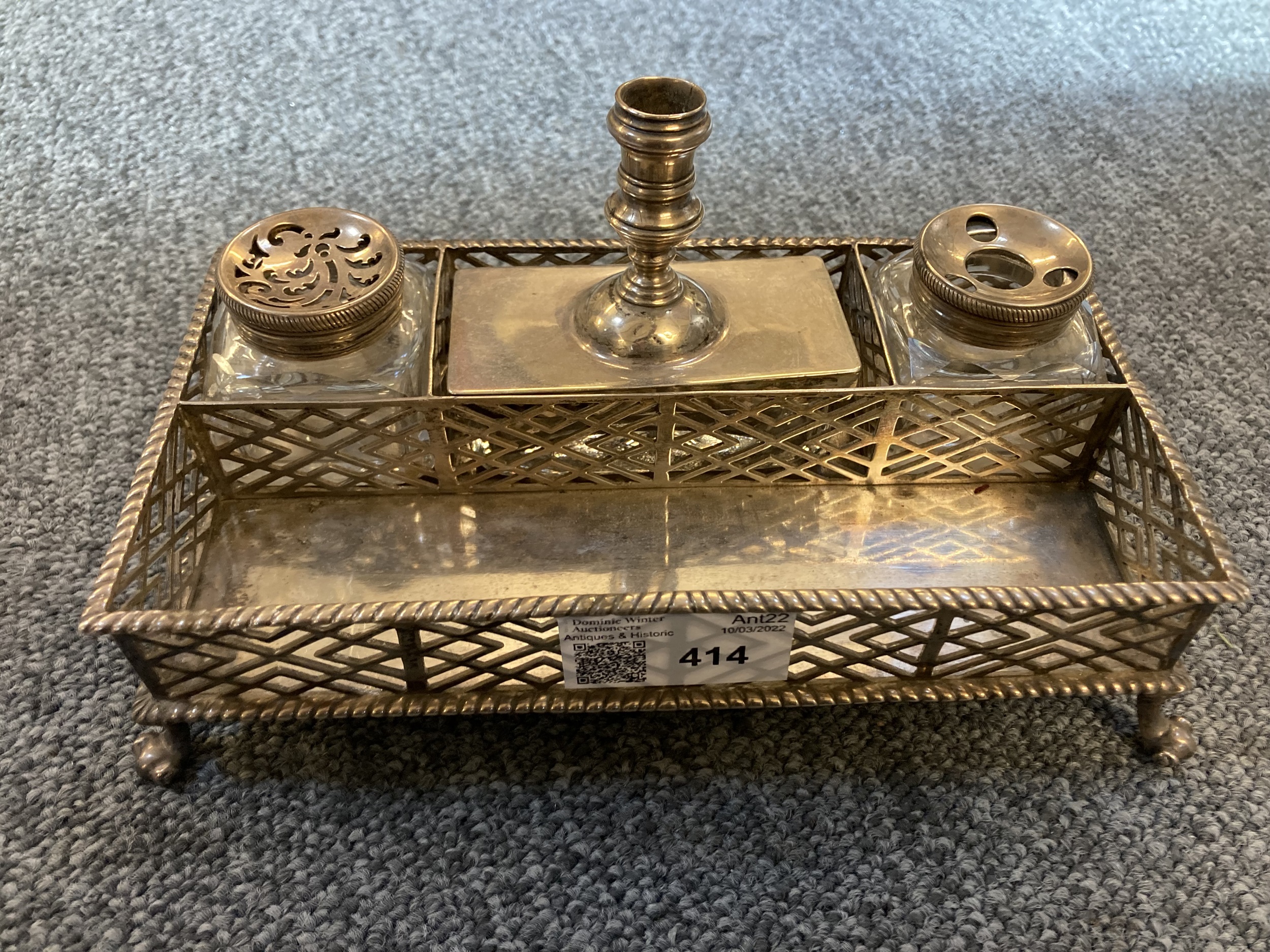 Lot 414 - Desk Standish. A George II silver desk
