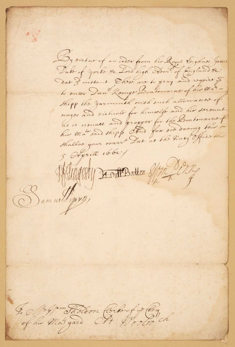 Lot 359 - Pepys (Samuel, 1633-1703). Document Signed,