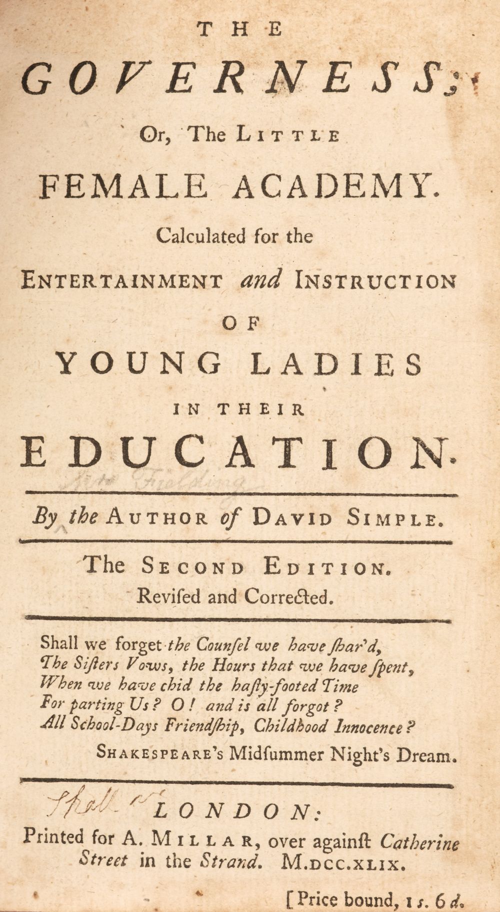 Lot 341 - [Fielding, Sarah]. The Governess; or, The