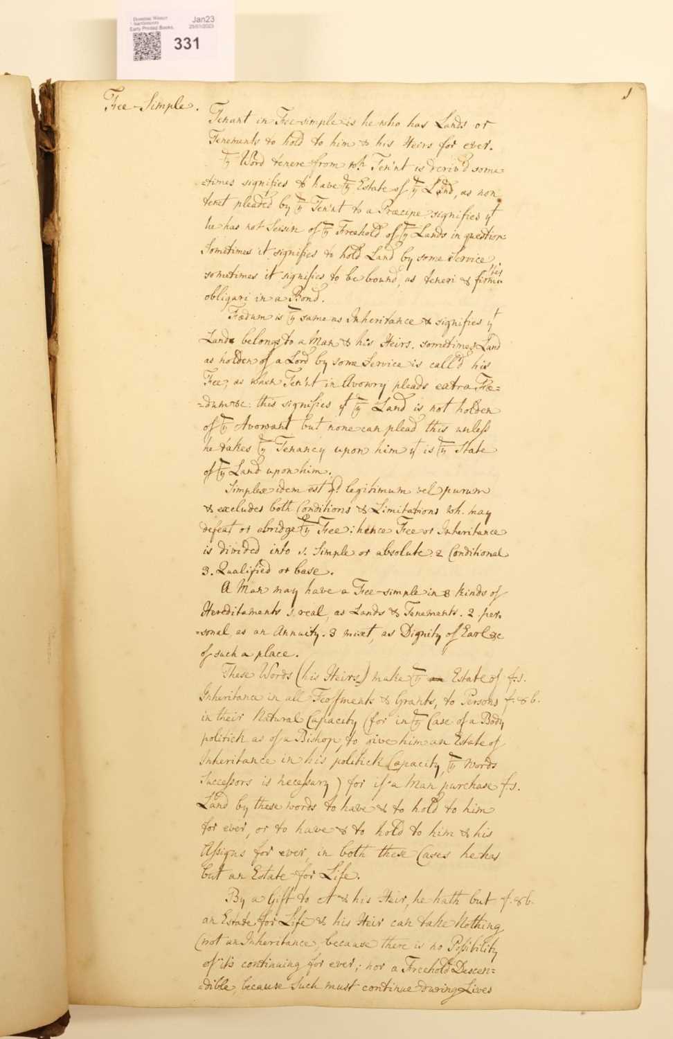 Lot 331 - Legal Manuscript. A manuscript volume of the