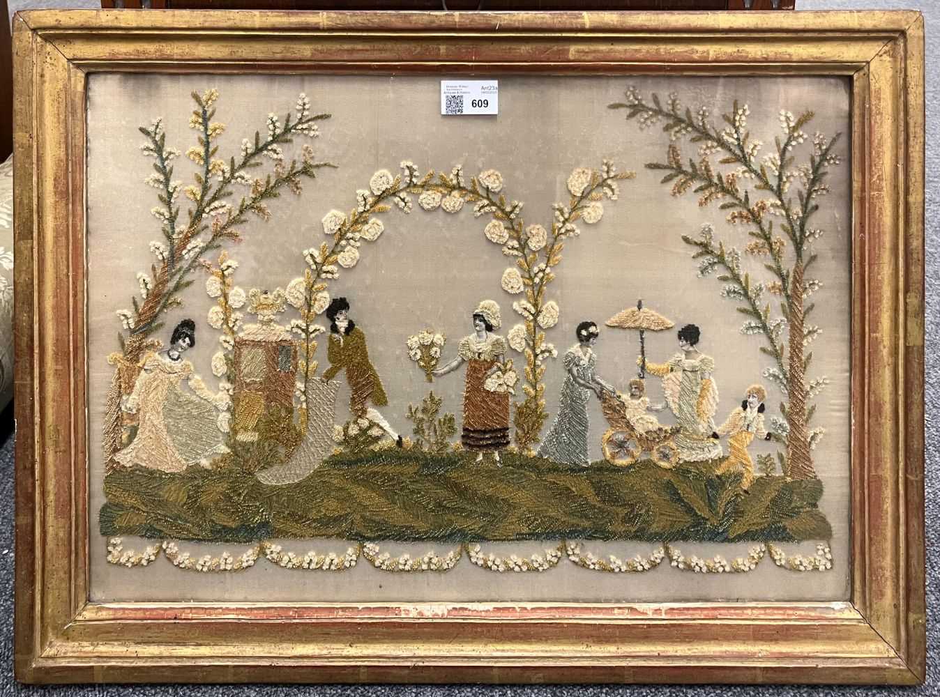 Lot 609 - Embroidered picture. A chenille picture of