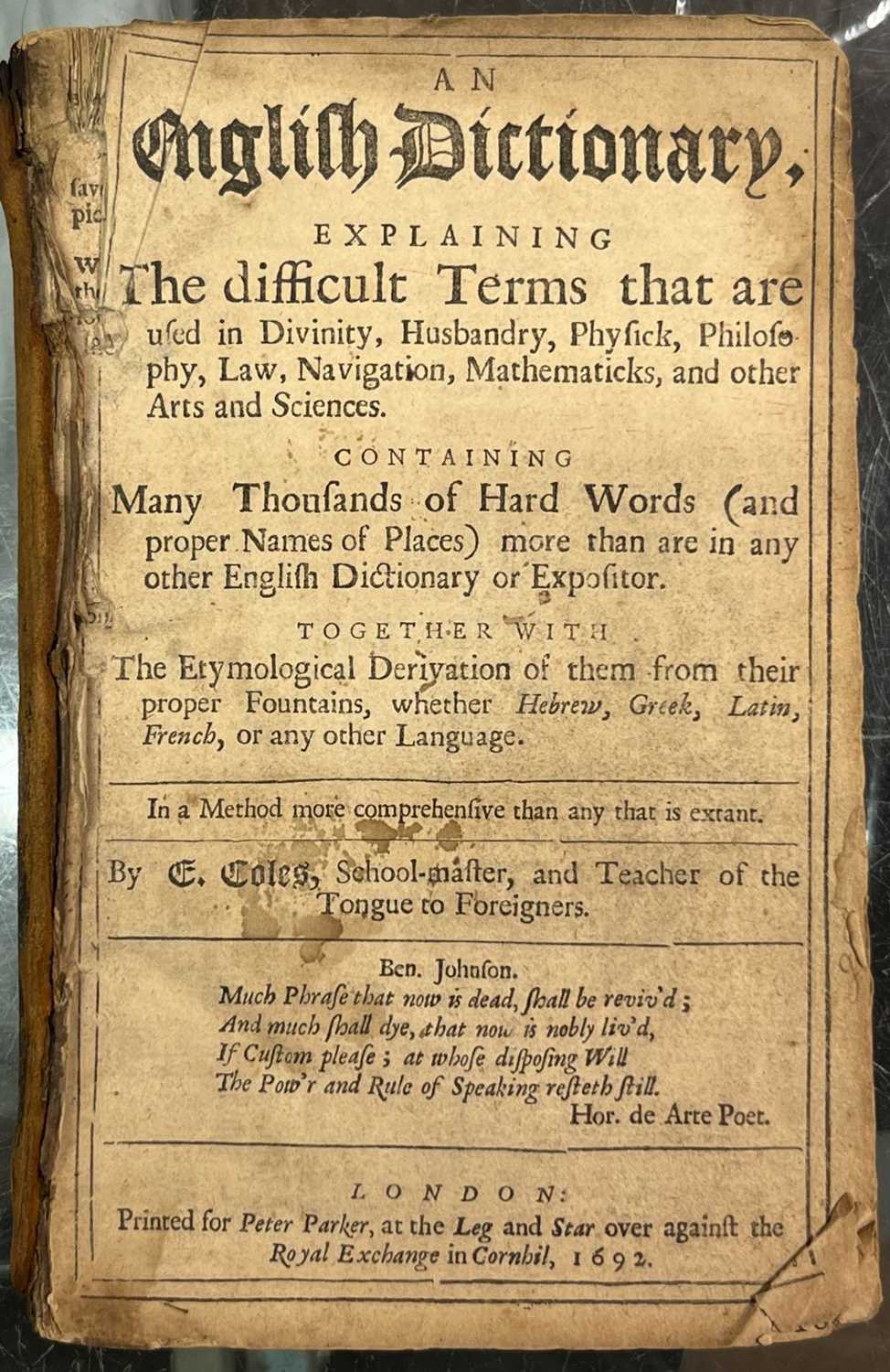 Lot 279 - Coles (Elisha). An English dictionary, 1692