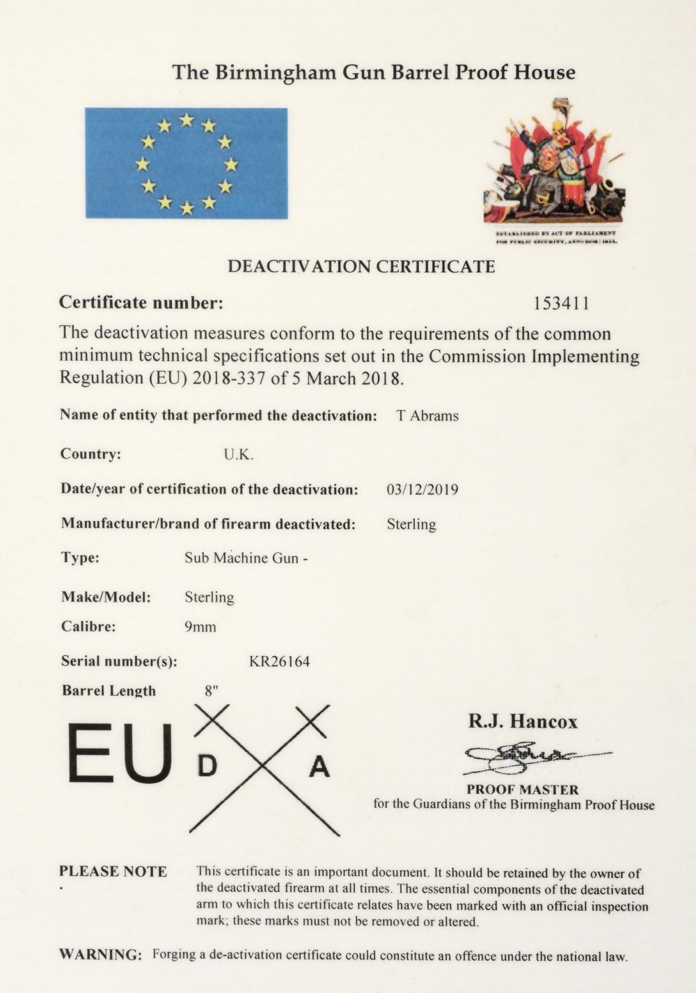 Lot 140 - Deactivated Gun. A British Sterling Sub
