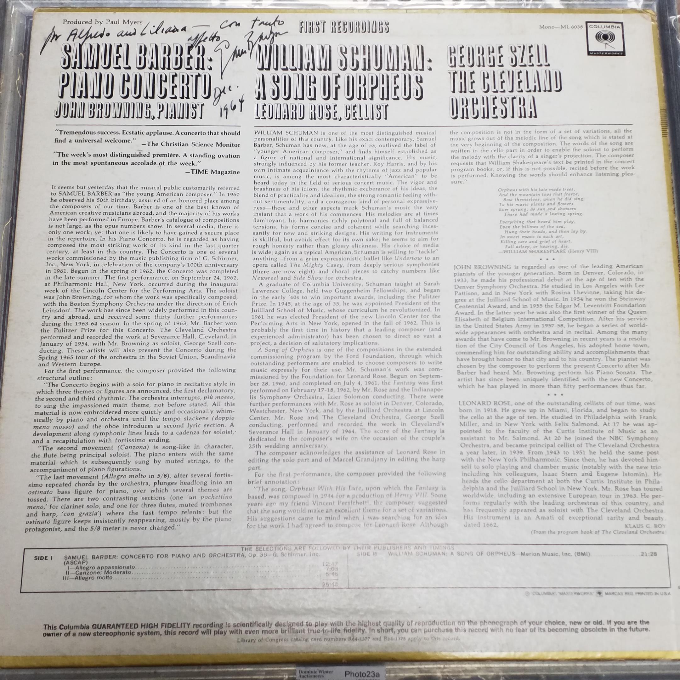 Lot 98 - Barber (Samuel, 1910-1981). Signed LP record,