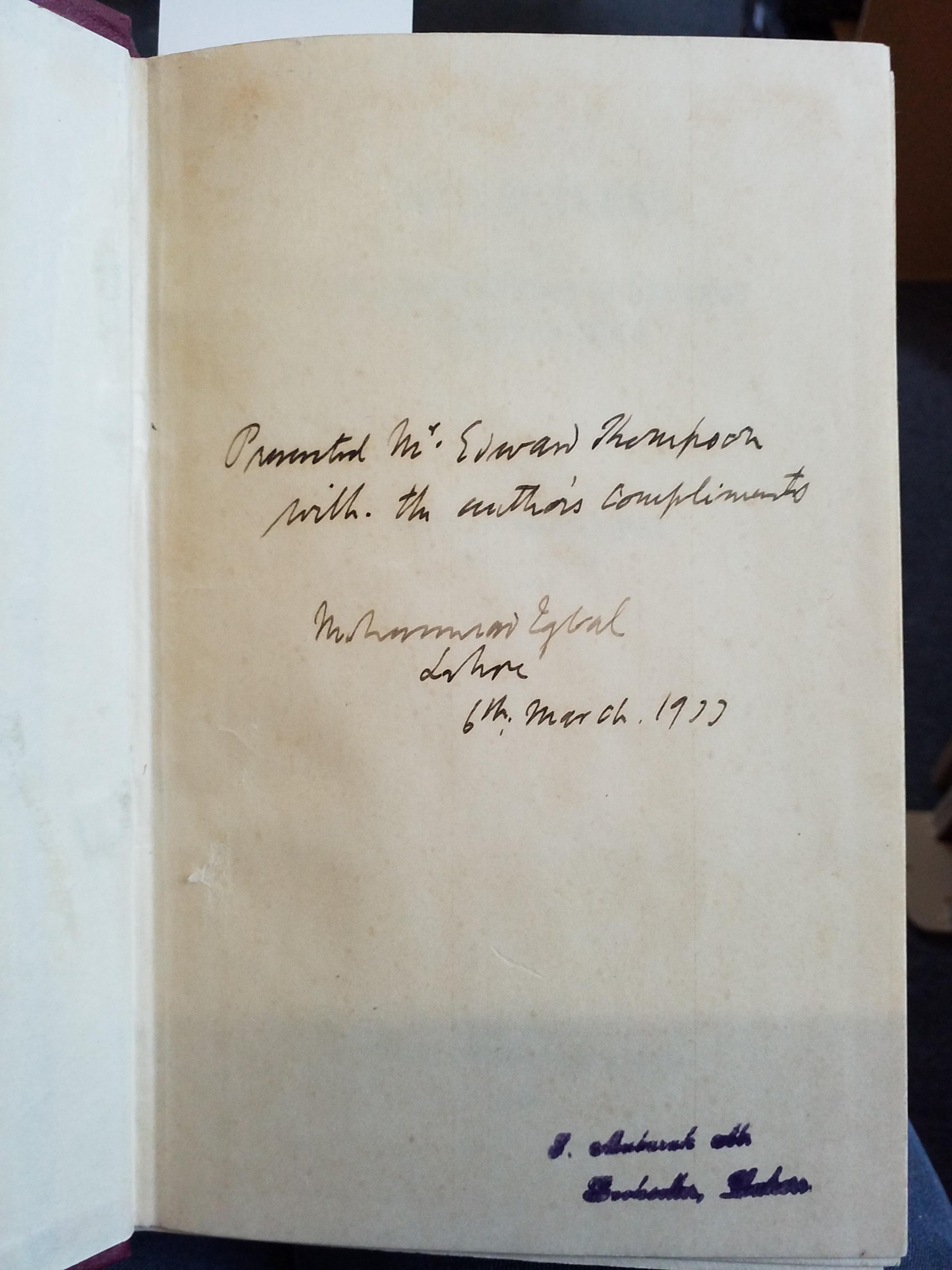 Lot 142 - Iqbal (Muhammad, 1877-1938). Six Lectures on