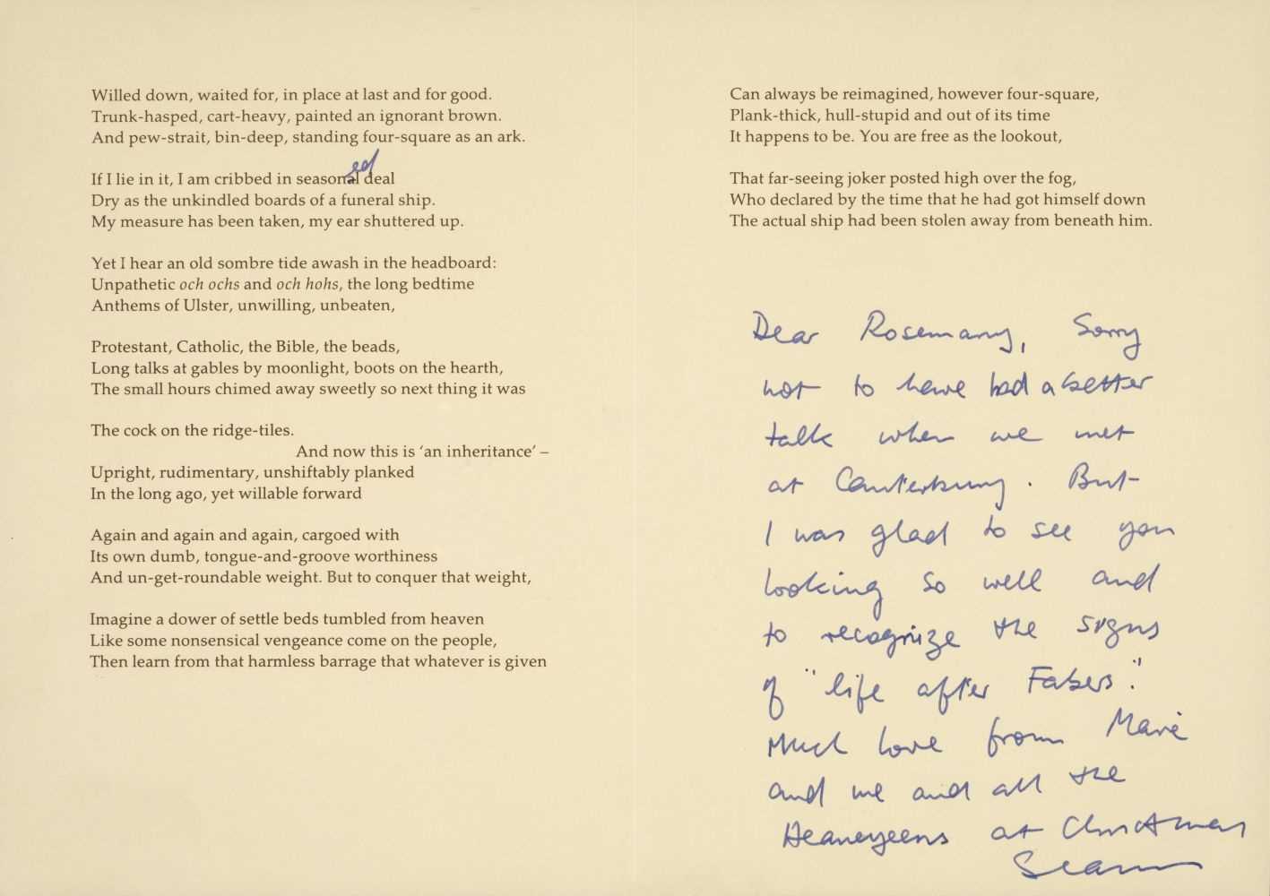 Lot 920 - Heaney (Seamus, 1939-2013). Christmas card,