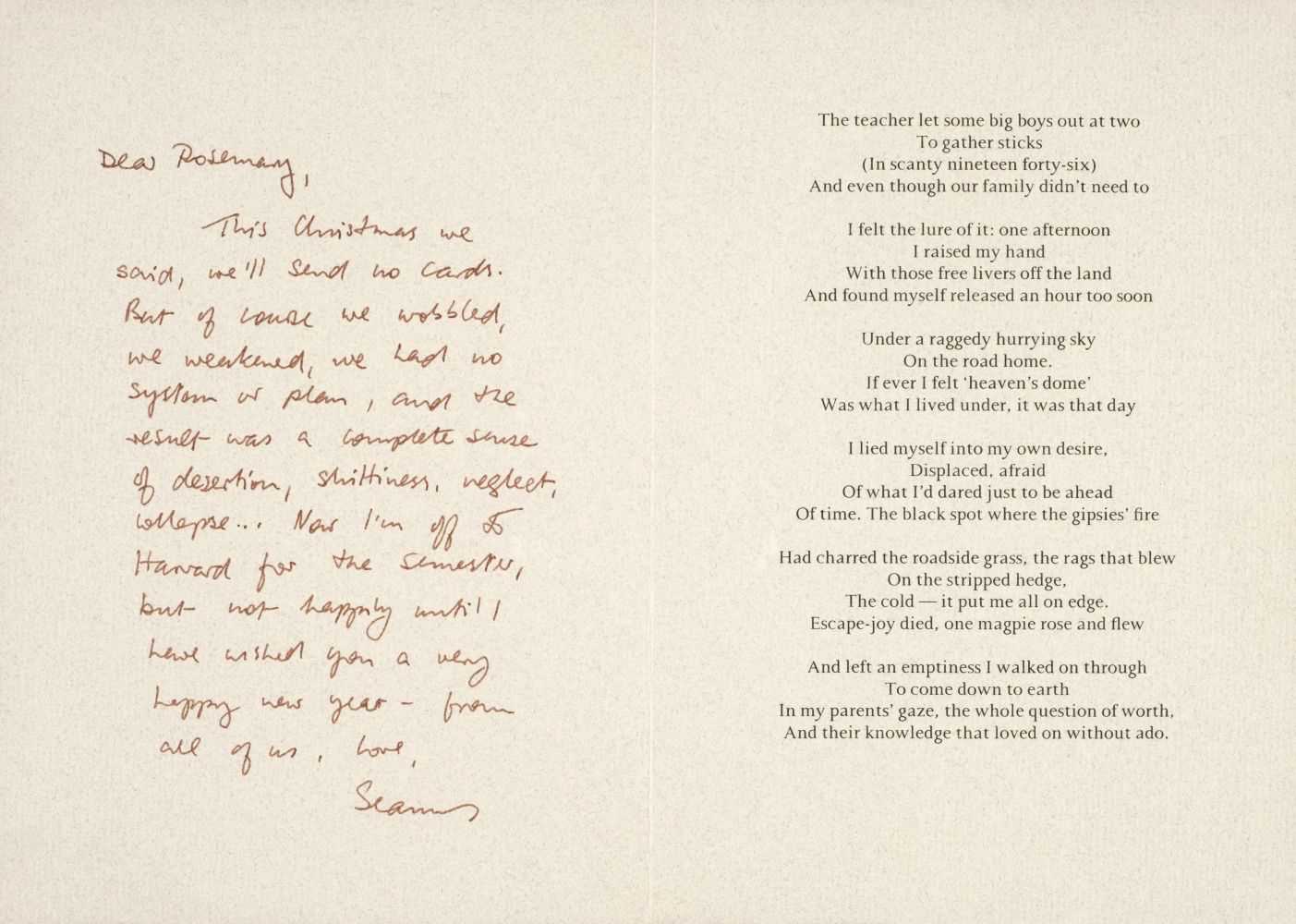 Lot 922 - Heaney (Seamus, 1939-2013). Christmas card,