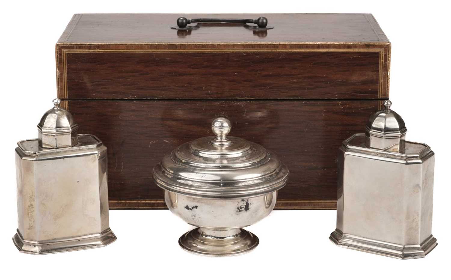 Lot 525 - Silver Tea Caddy Set. A composed 18th