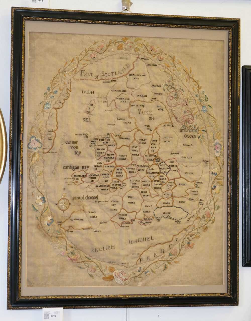 Lot 643 - Embroidered map. Oval map of England & Wales,