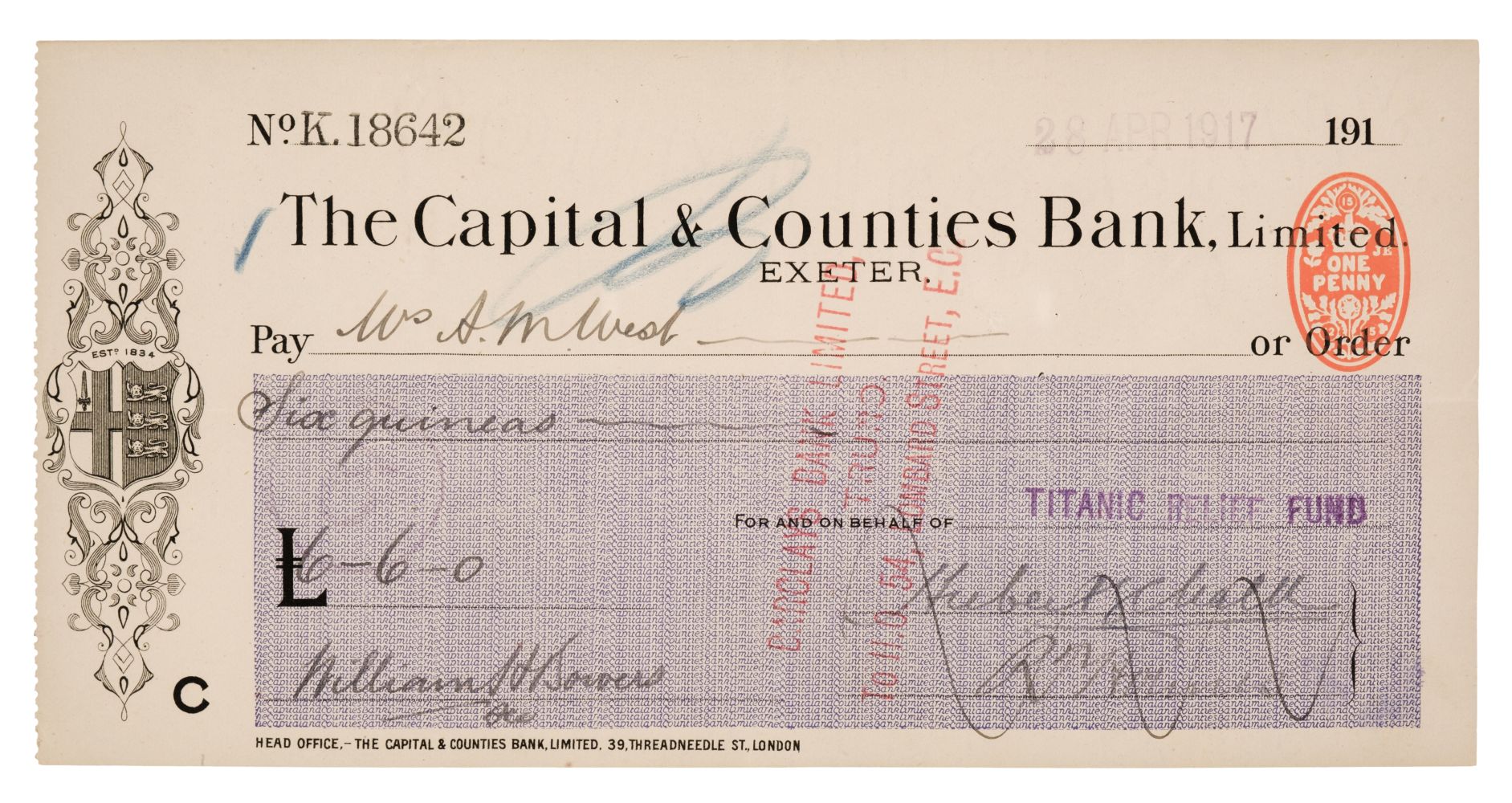 Lot 416 - Titanic Relief Fund. A cheque for six