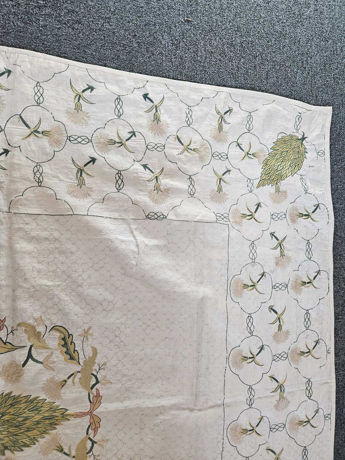 Lot 413 - Embroidered coverlet. Needlework bed cover,