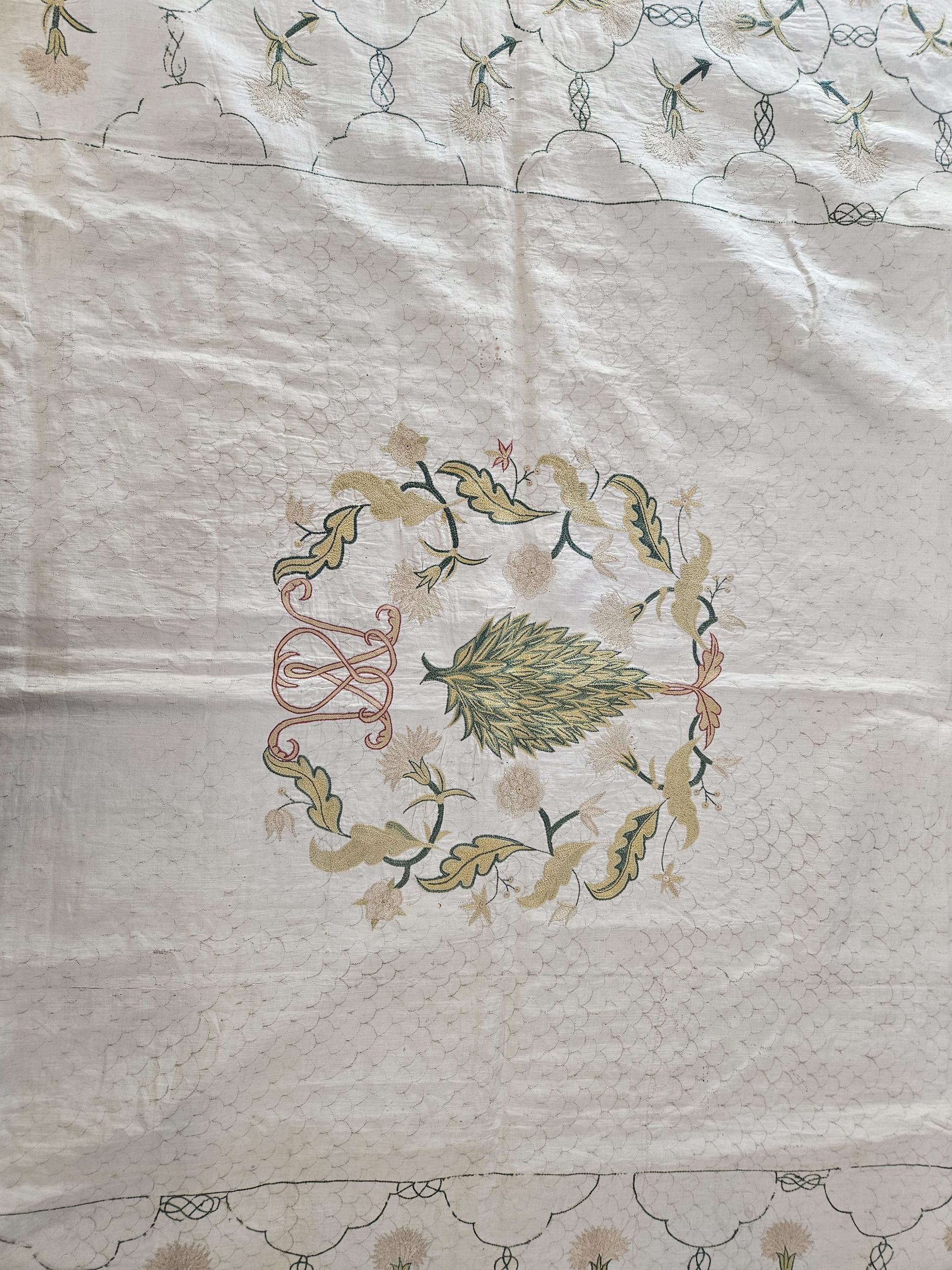 Lot 413 - Embroidered coverlet. Needlework bed cover,