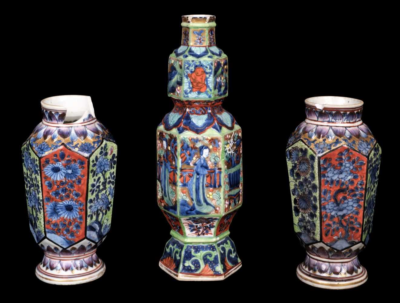 Lot 119 - Vases. Three Japanese hexagonal polychrome