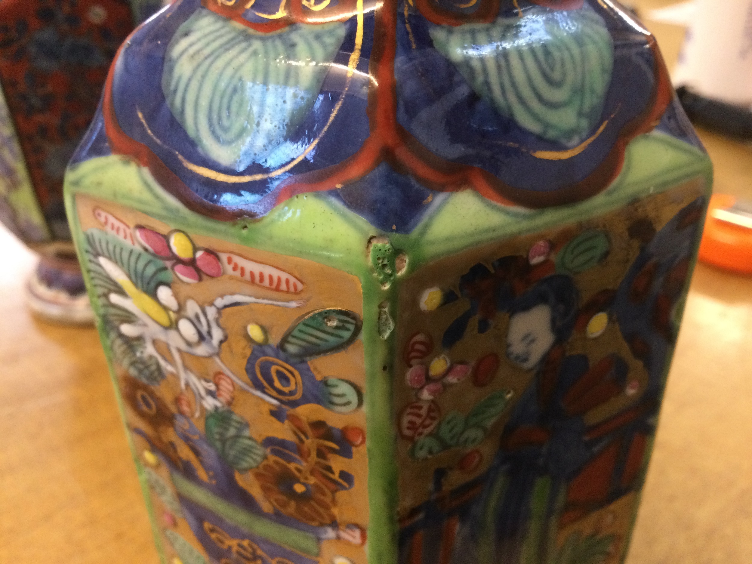 Lot 119 - Vases. Three Japanese hexagonal polychrome
