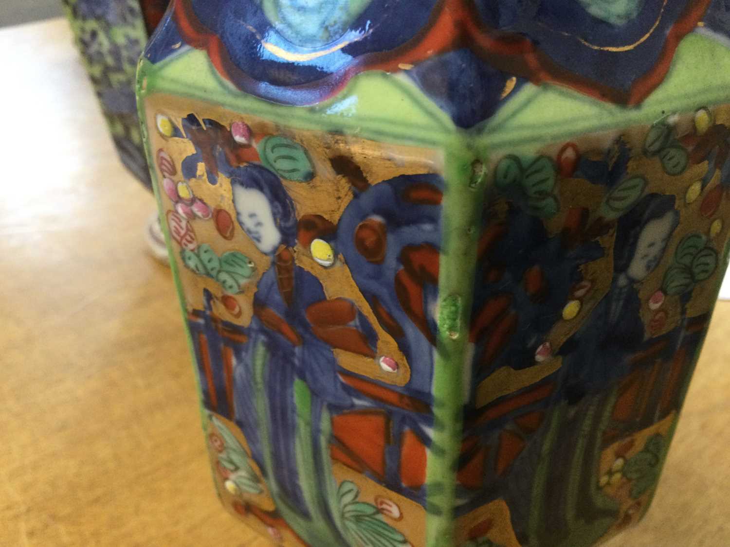 Lot 119 - Vases. Three Japanese hexagonal polychrome