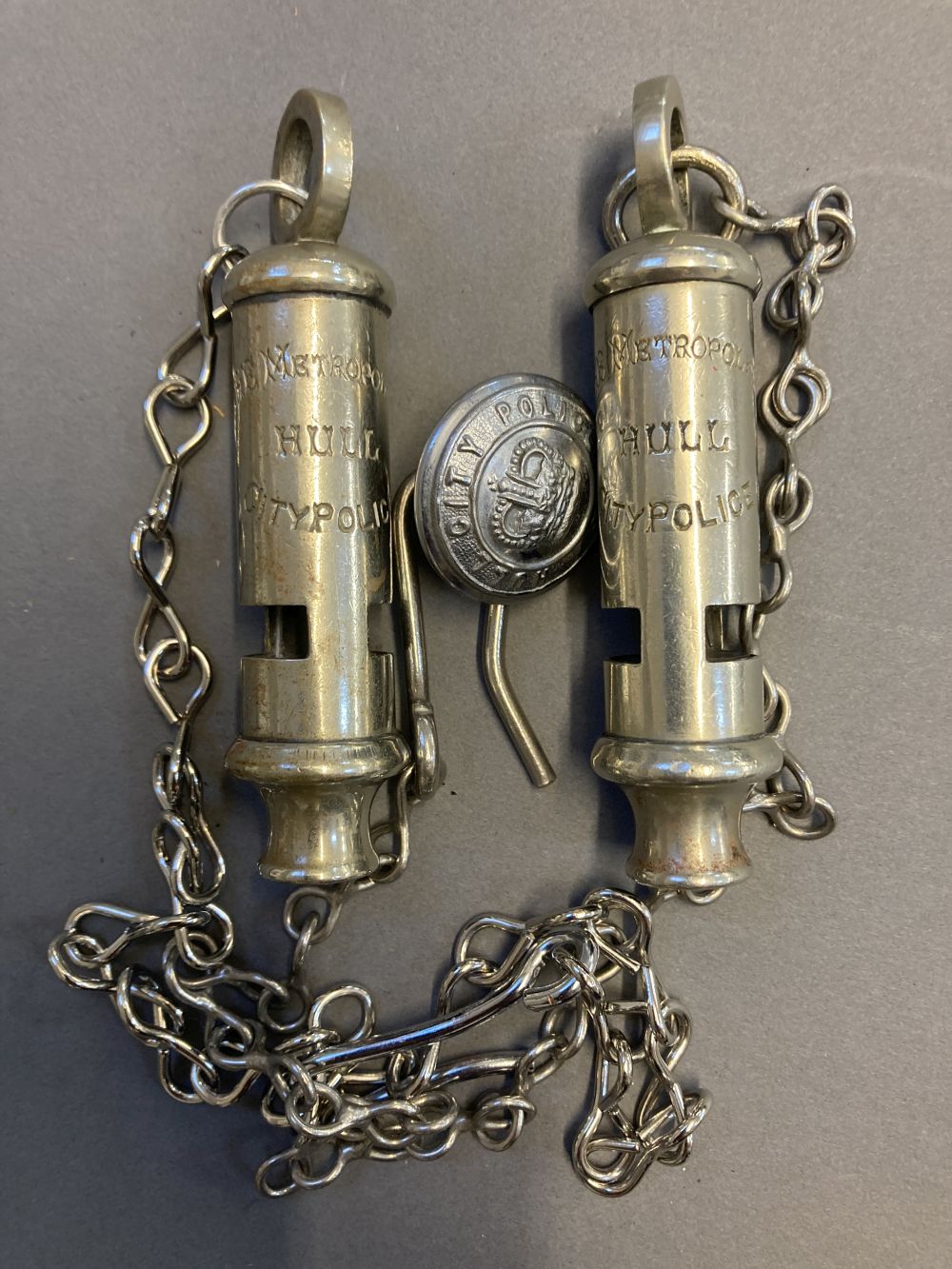 Lot 377 - Police Whistles. Two Hull City Police