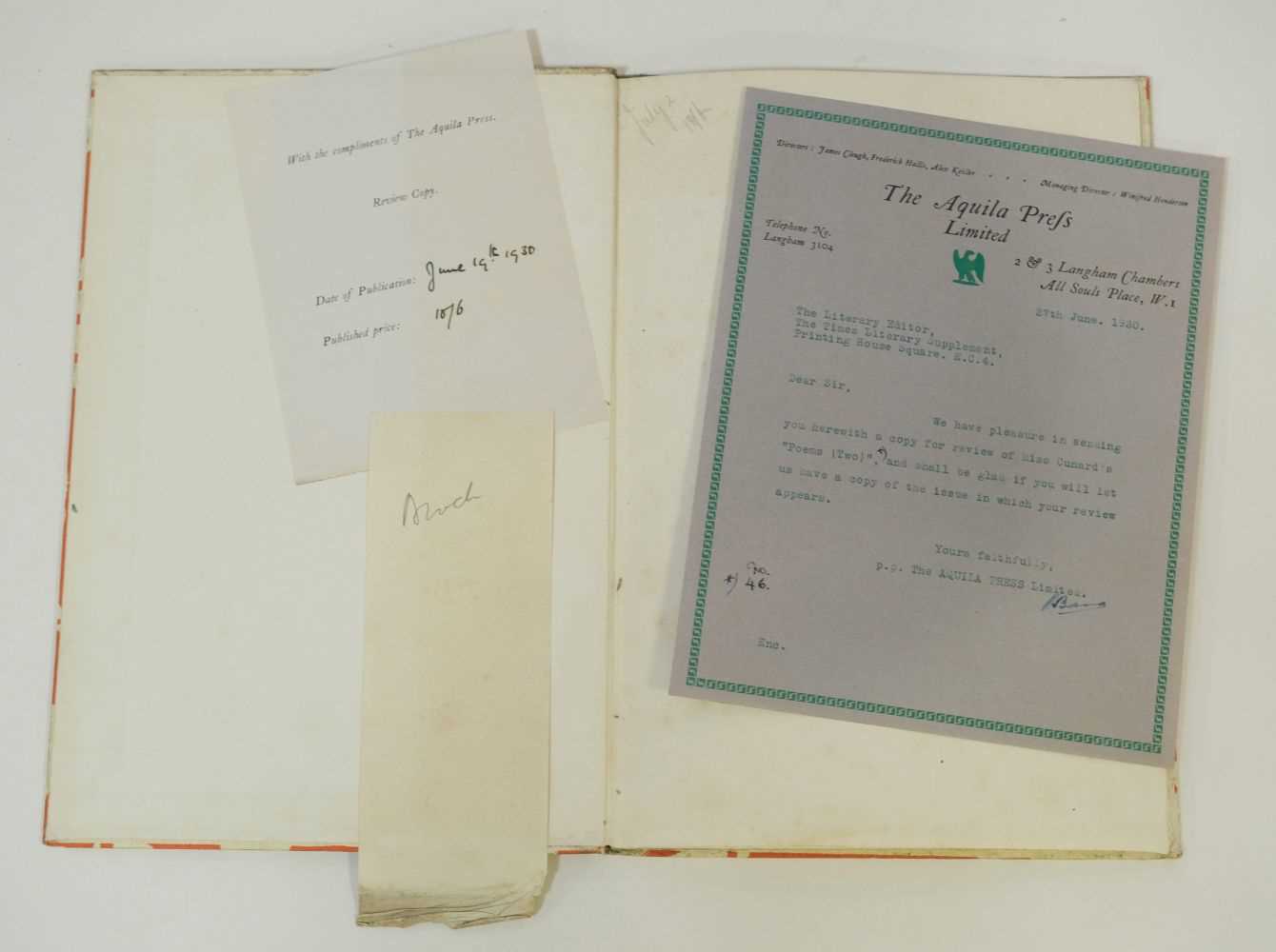 Lot 707 - Cunard (Nancy). Poems (Two) 1925, limited