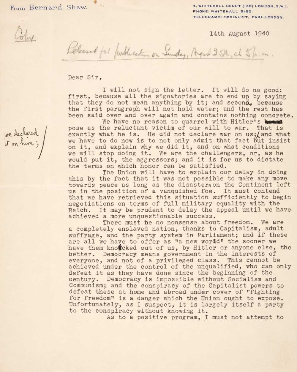 Lot 270 - Shaw (George Bernard, 1856-1950), A fine