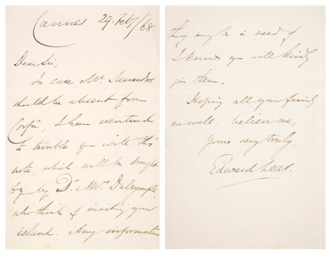 Lot 250 - Lear (Edward, 1812-1888). Autograph Letter