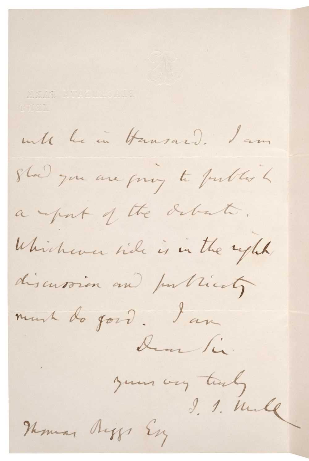 Lot 234 - Mill (John Stuart, 1806-1873). Autograph