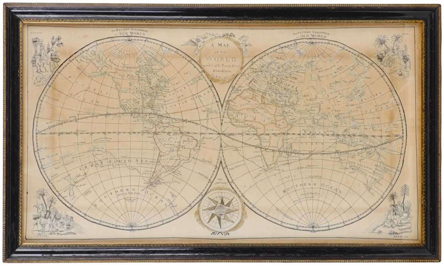 Lot 436 - Embroidered map. A Map of the World, work'd