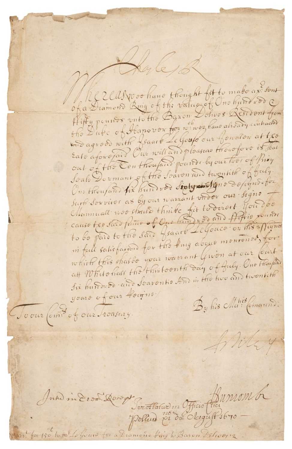 Lot 243 - Charles II (1630-1685). Document Signed,