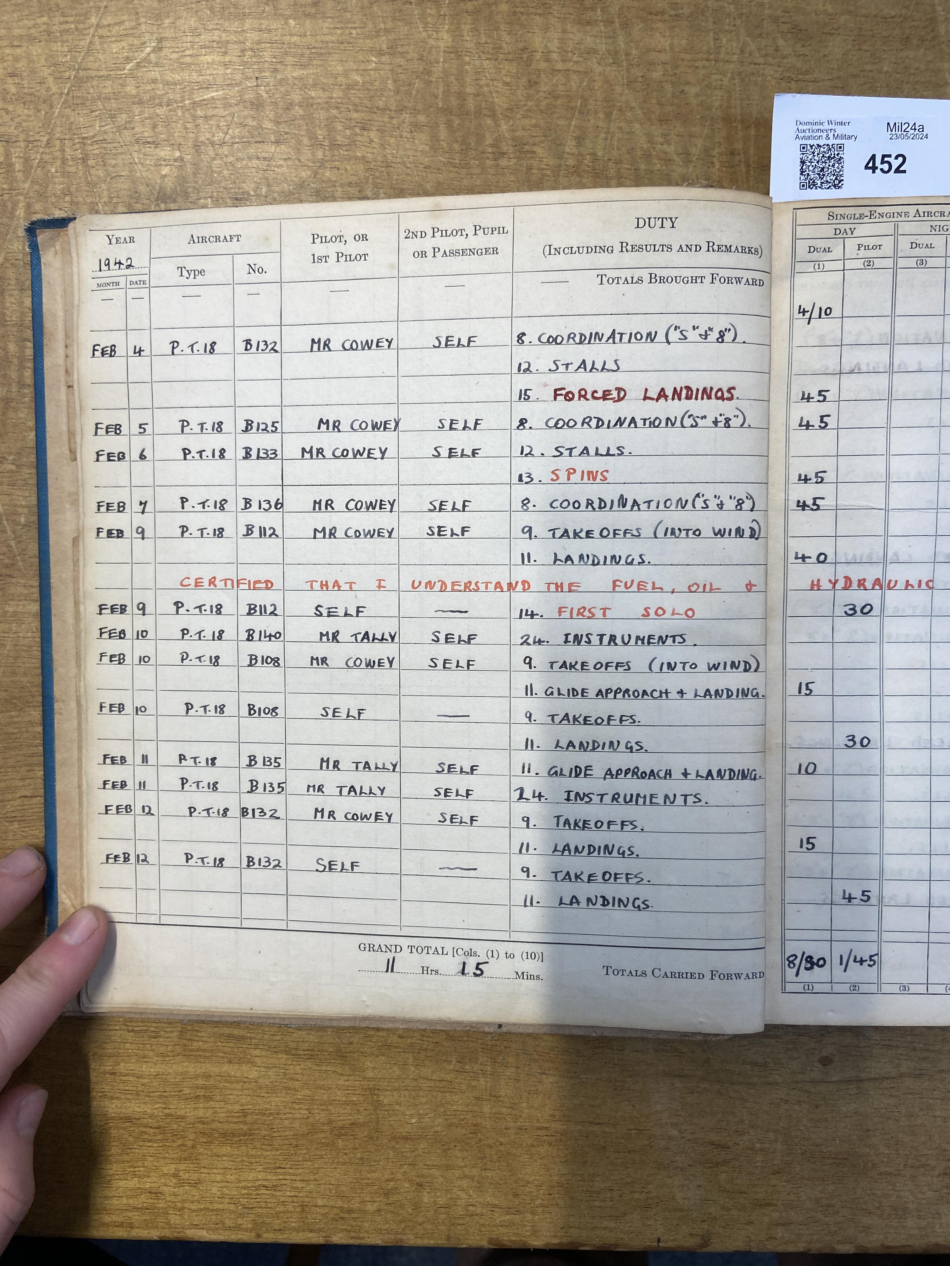 Lot 452 - Log Book. WWII Royal Canadian Air Force log