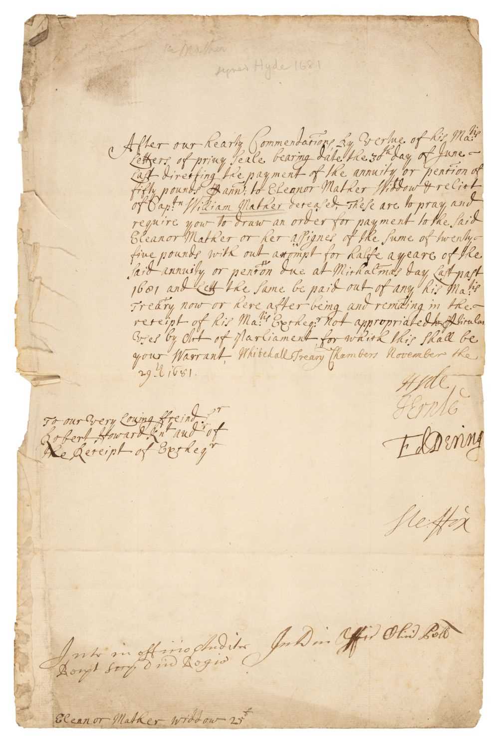 Lot 244 - Hyde (Laurence, 1642-1711). Document Signed,