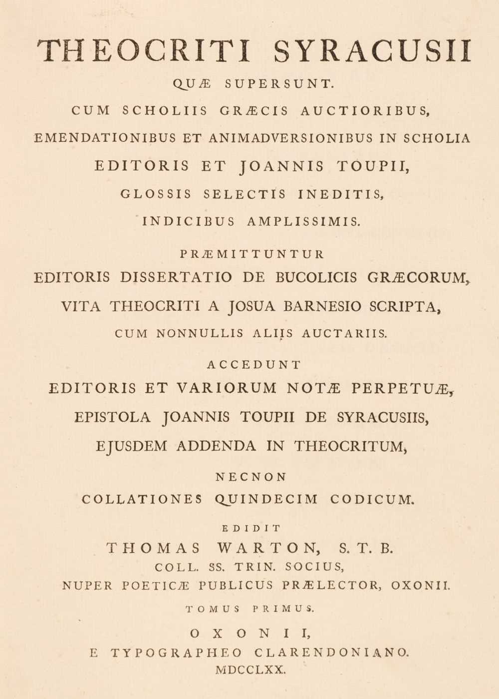 Lot 303 - Warton (Thomas). Theocriti Syracusii, Oxford:
