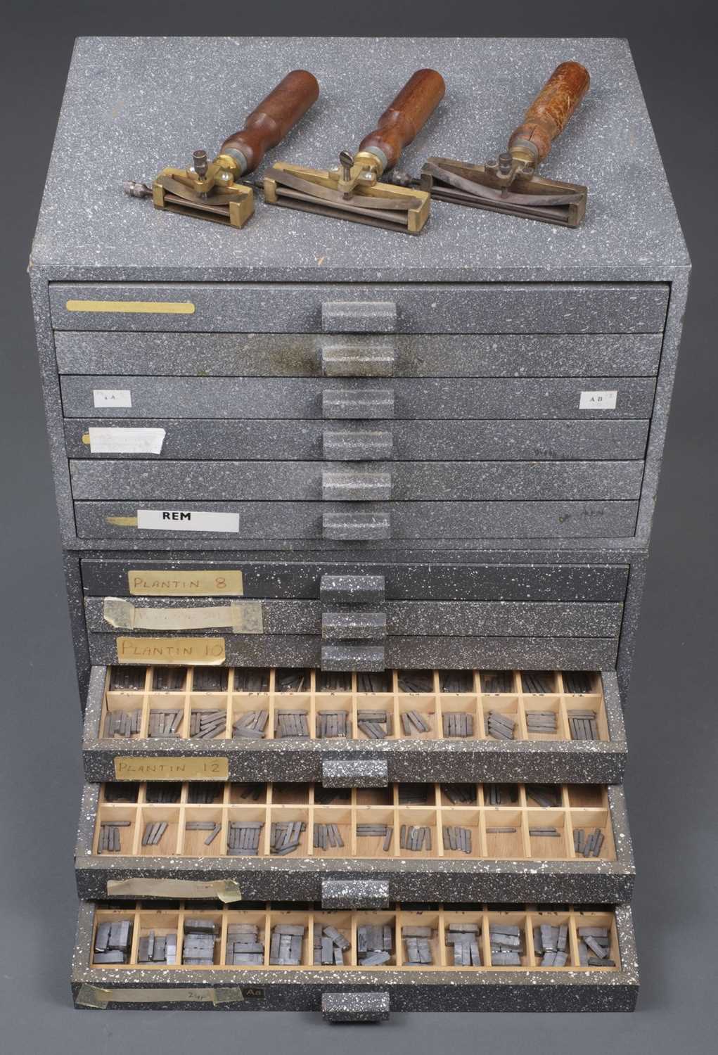 Lot 219 - Type and type cabinets. A selection of alloy