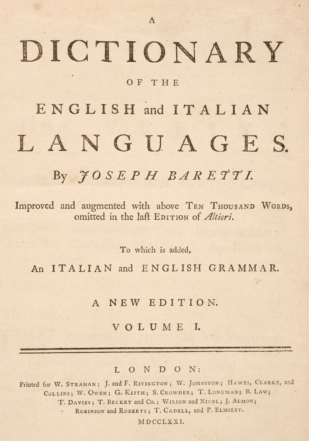 Lot 315 - Baretti (Joseph). A Dictionary of the