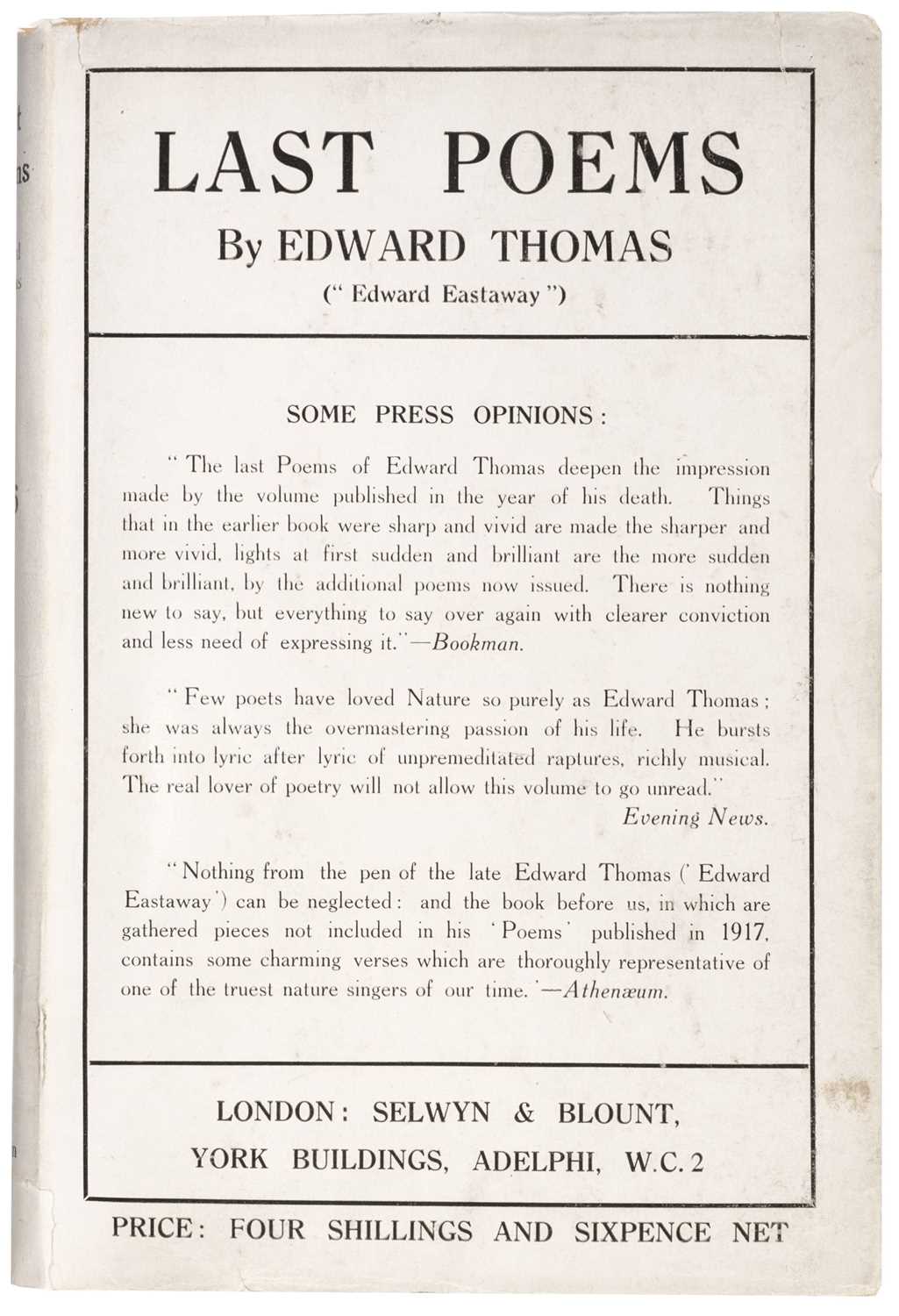 Lot 736 - Thomas (Edward).. Last Poems, 1st edition,