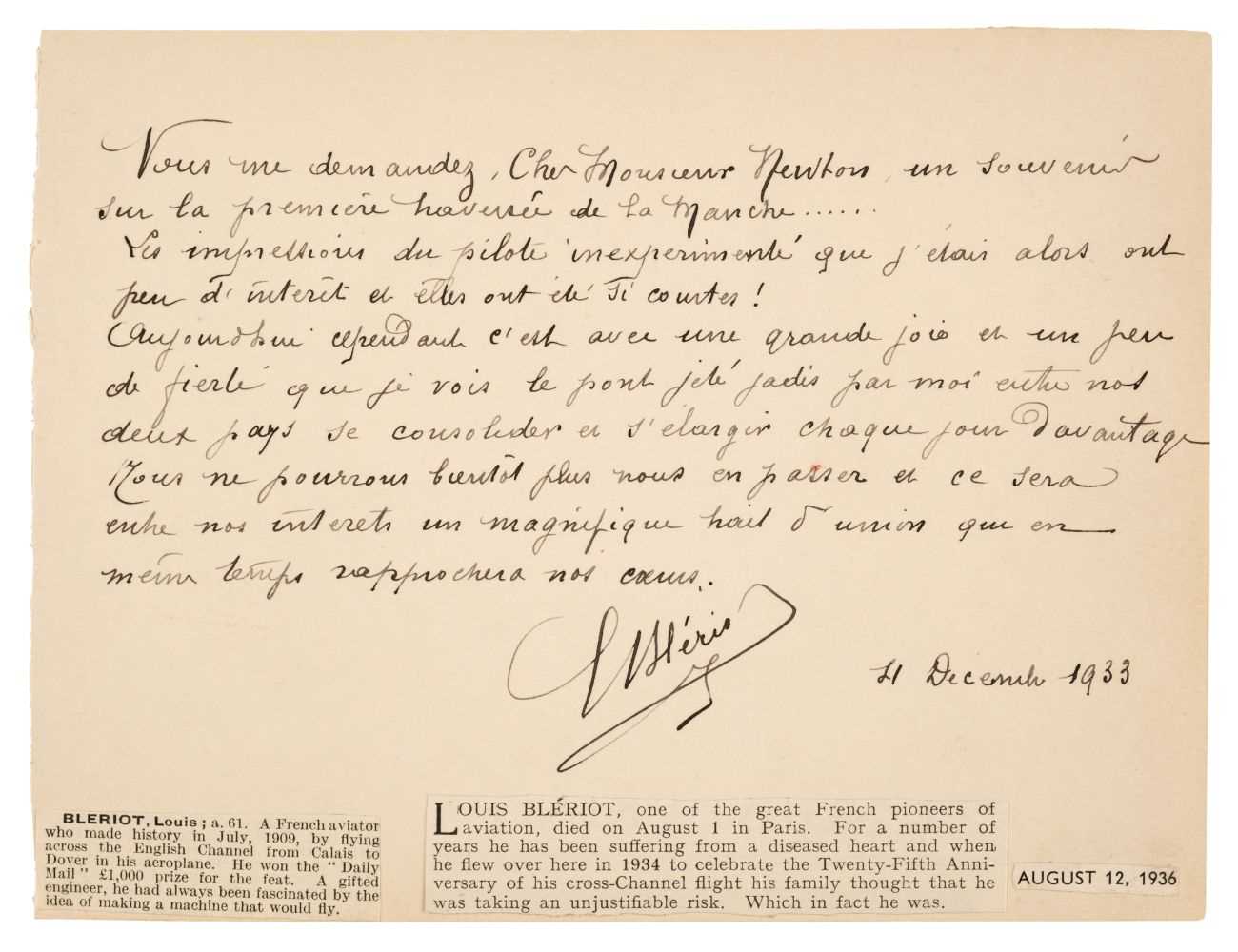 Lot 225 - Blériot (Louis, 1872-1936). Autograph Note